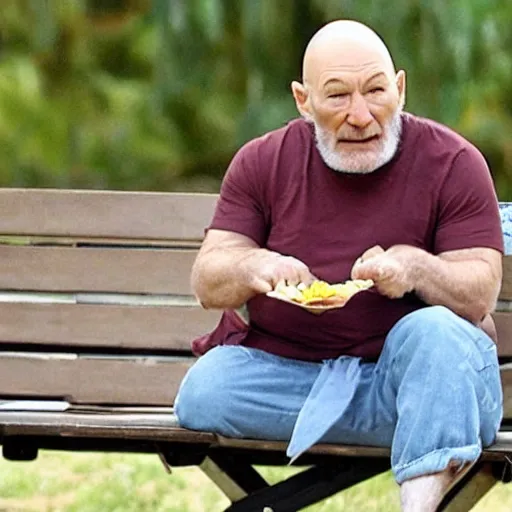 fat patrick stewart sitting on a bench eating tacos | Stable Diffusion