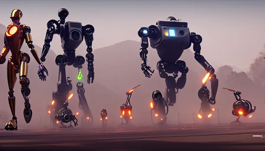 running robots in a marathon, works by artgerm, greg | Stable Diffusion