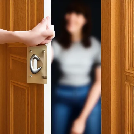 A portrait of a white young woman closing a door, | Stable Diffusion | OpenArt