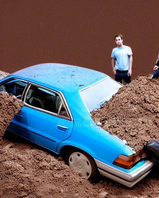 a blue car parked in front of a pile of dirt, a stock | Stable ...