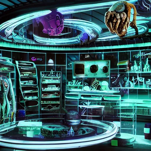 a dirty alien shop, futuristic, holographic, 8k, sharp | Stable ...