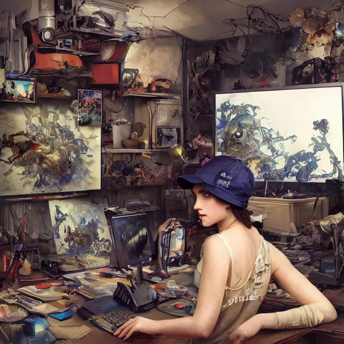 a computer graphics artist with a ballcap in a messy | Stable Diffusion ...