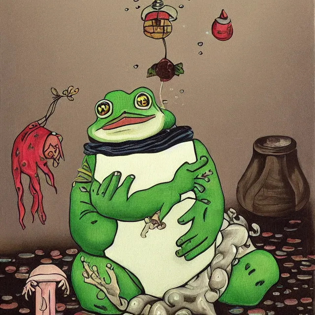 pepe the frog holding a pig in flooded bathroom, | Stable Diffusion ...