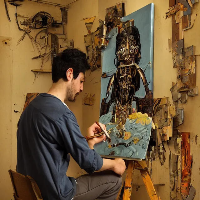 biomechanoid artist painting a self - portrait on a | Stable Diffusion ...