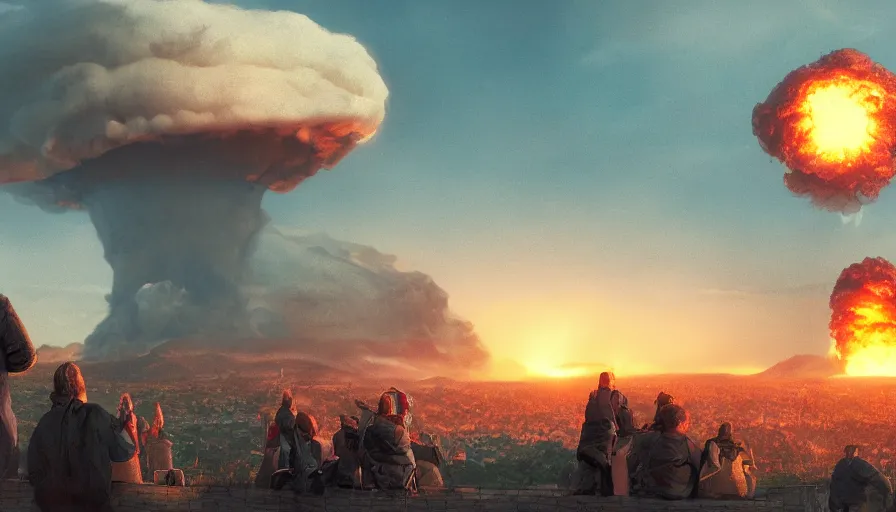 people on a hill watching nuclear explosion destroying | Stable ...
