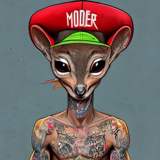 a dik dik monster with tattoos and wearing a baseball | Stable ...