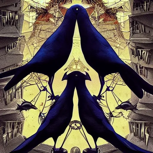 crows at a architectural complex with ana occult witch | Stable Diffusion