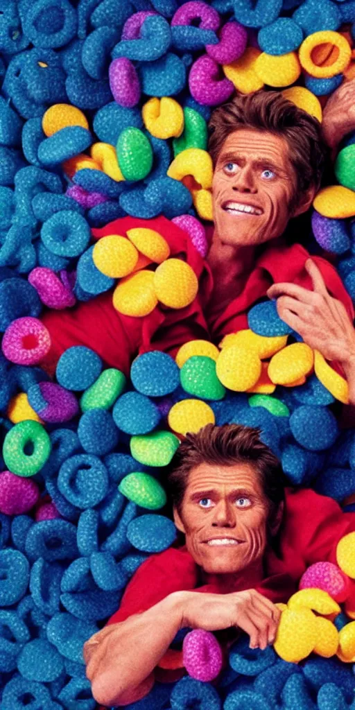 Willem Dafoe laying in froot loops, movie poster | Stable Diffusion ...
