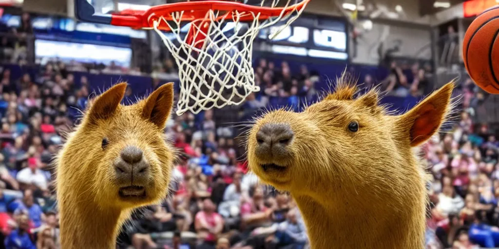 A Realistic Capybara Slam Dunking a basketball ball in | Stable Diffusion