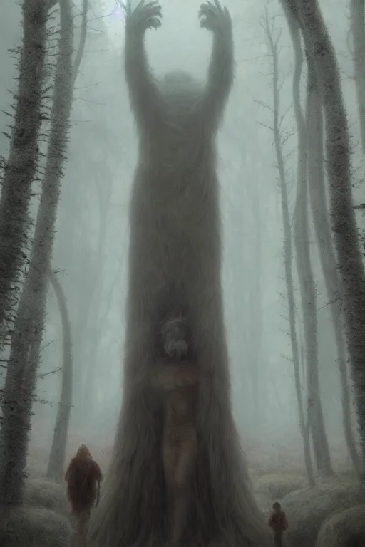 tall humanoid beast looming over a tiny human in a | Stable Diffusion ...