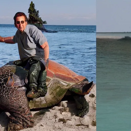 photo of nicolas cage riding on a giant turtle | Stable Diffusion