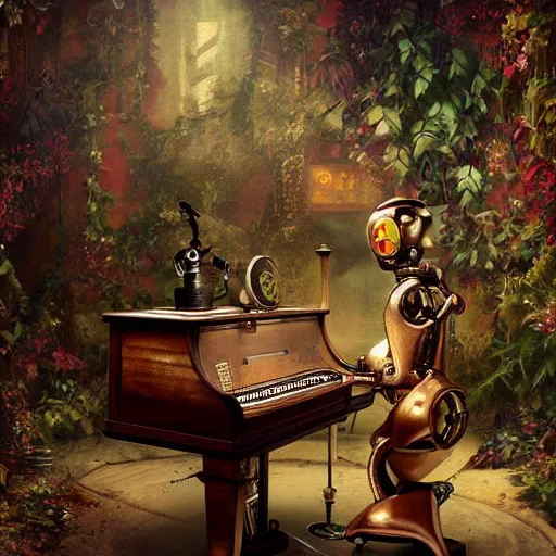 a close up shot of a steampunk robot automaton playing | Stable ...