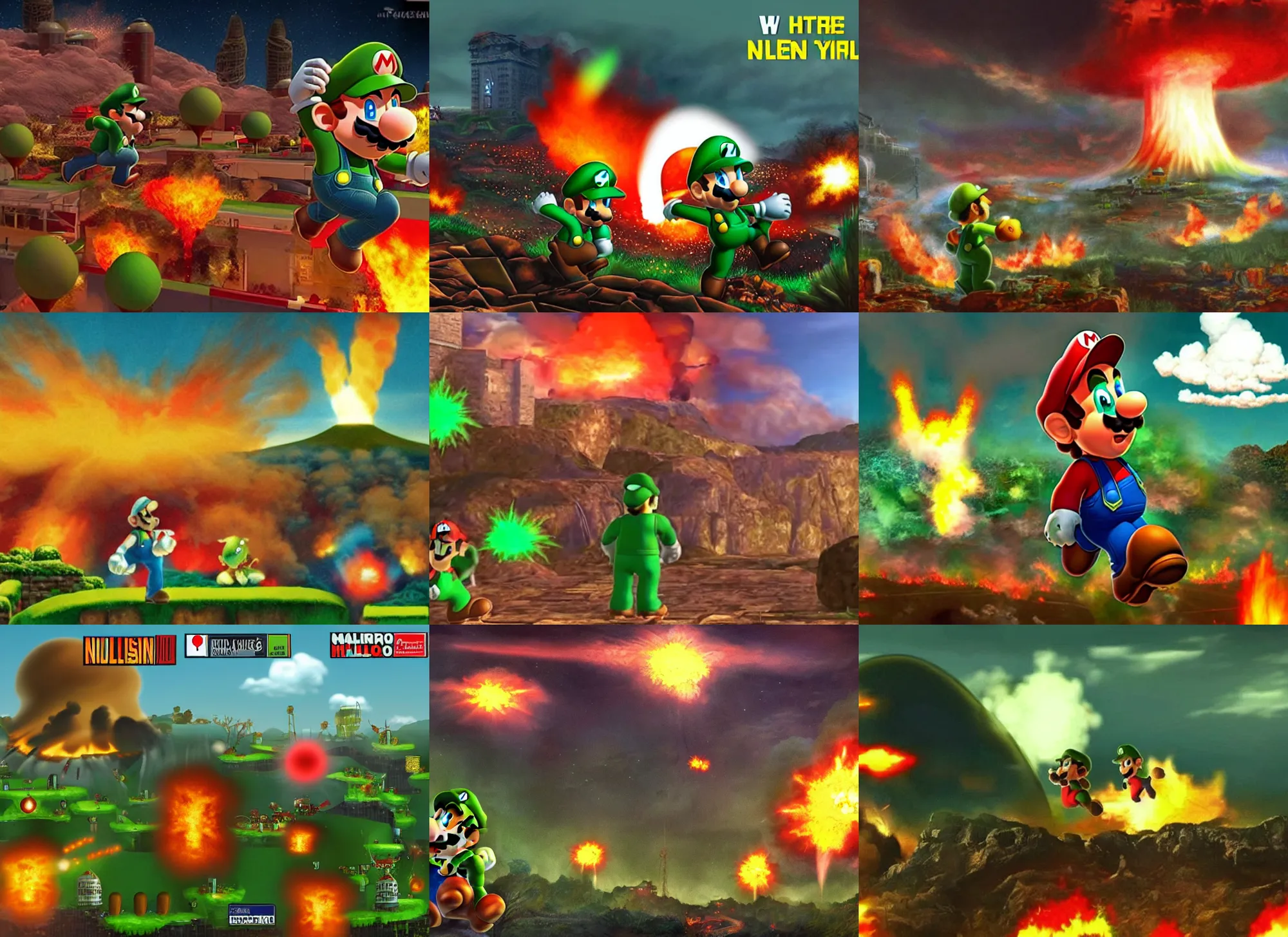 nuclear explosion in green hills, Mario's betrayal | Stable Diffusion | OpenArt