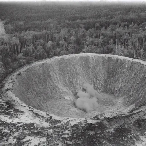 a large nuclear crater in the dirt, a destroyed forest | Stable Diffusion