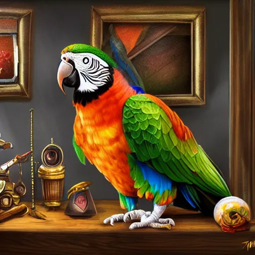 Anthropomorphized parrot trader in his shop, portrait, | Stable ...