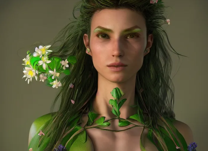 Green skin Fantasy androgynous humanoid with flowers | Stable Diffusion | OpenArt