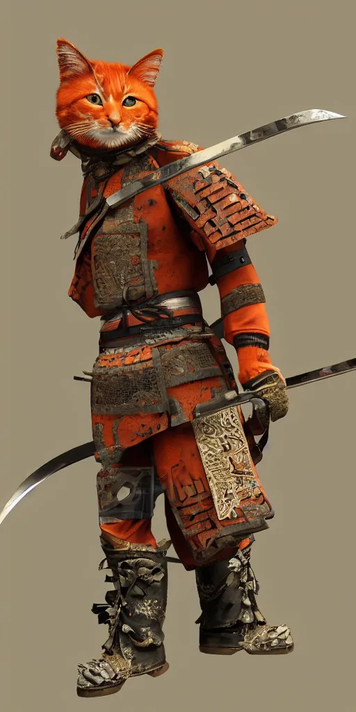 a veteran samurai orange cat in western gear with a | Stable Diffusion