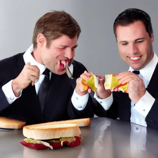 stock photo of business men eating a ham sandwich | Stable Diffusion ...