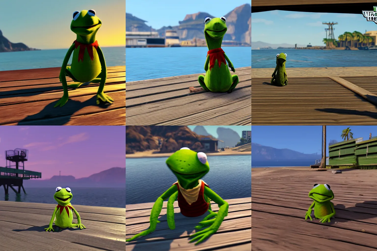 Kermit in a sitting at a beach dock, GTA V gameplay | Stable Diffusion ...