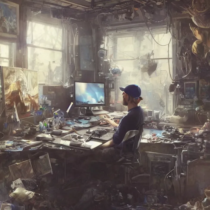 a computer graphics artist with a ballcap in a messy | Stable Diffusion ...