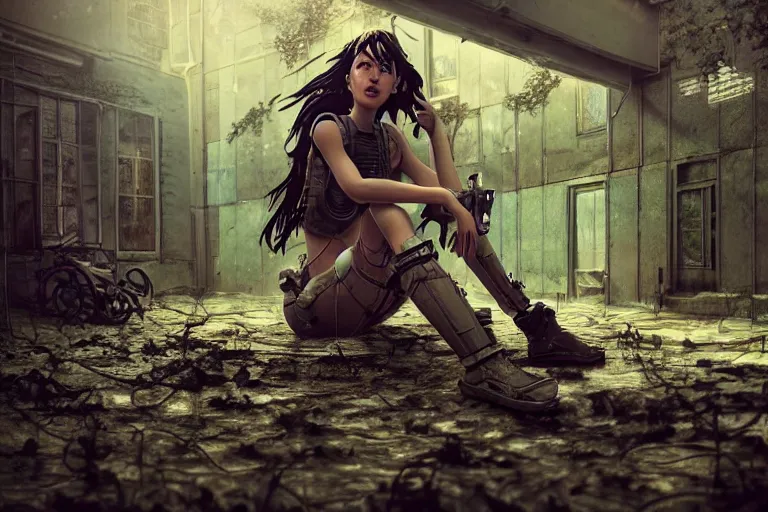 Broken cyborg girl sitting on old courtyard with mud | Stable Diffusion ...