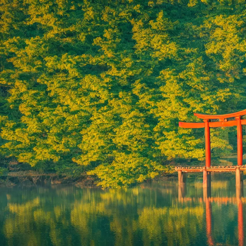 a shinto gate in a lake, surrounded by trees, at | Stable Diffusion | OpenArt