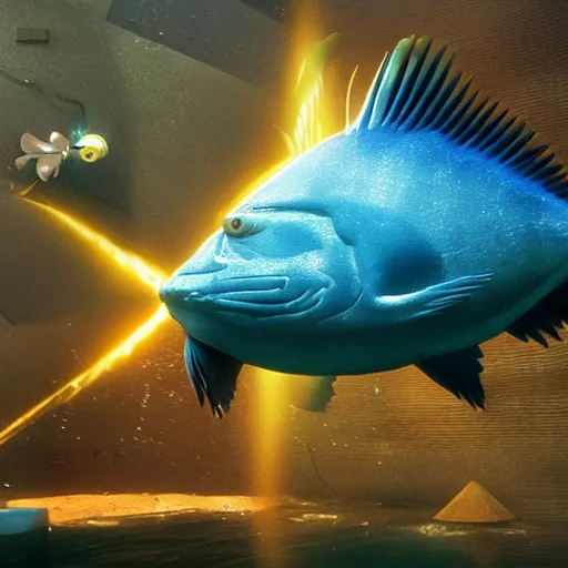 a humanoid fish creature attacking civilization with a | Stable ...