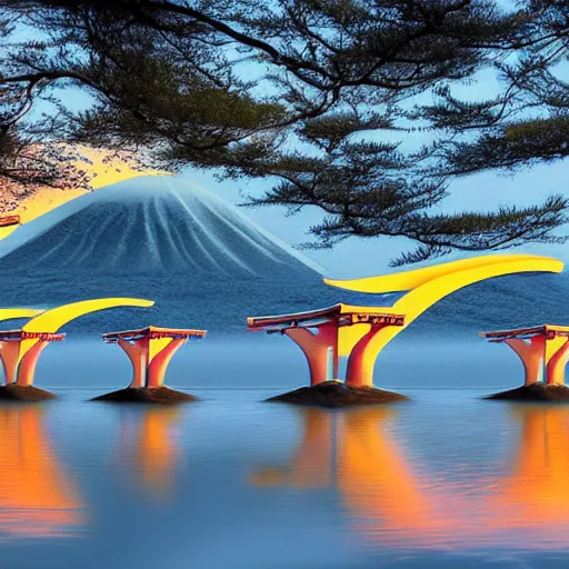 a japanese landscape filled with torii arches, dawn, | Stable Diffusion | OpenArt