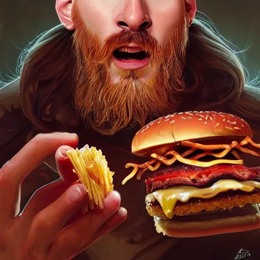 Lionel Messi eating a mammoth Wendy's baconator, | Stable Diffusion