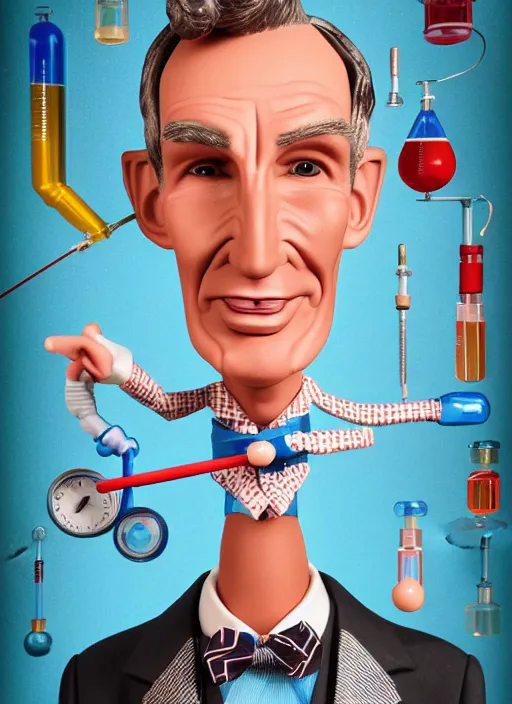closeup portrait of tin toy bill nye with chemistry | Stable Diffusion ...