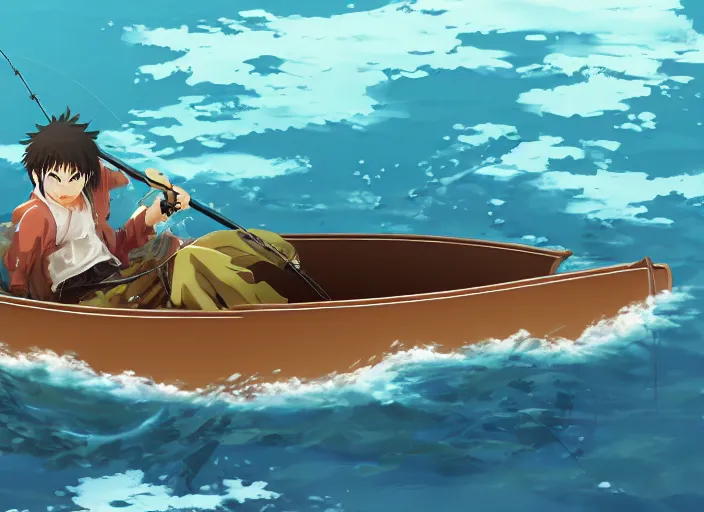 inexperienced boatman fishing on his boat, anime | Stable Diffusion