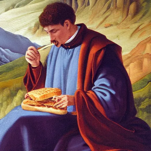 a priest eating a sandwich in the mountains, high | Stable Diffusion ...