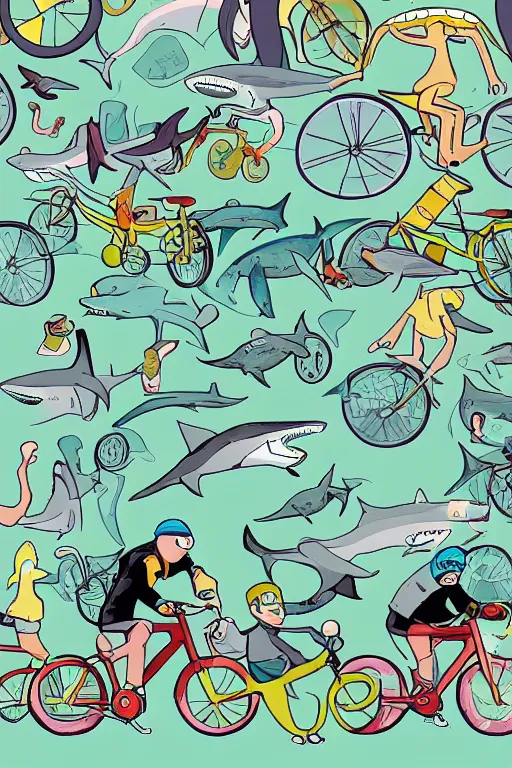 illustration of sharks riding bikes in the style of | Stable Diffusion ...