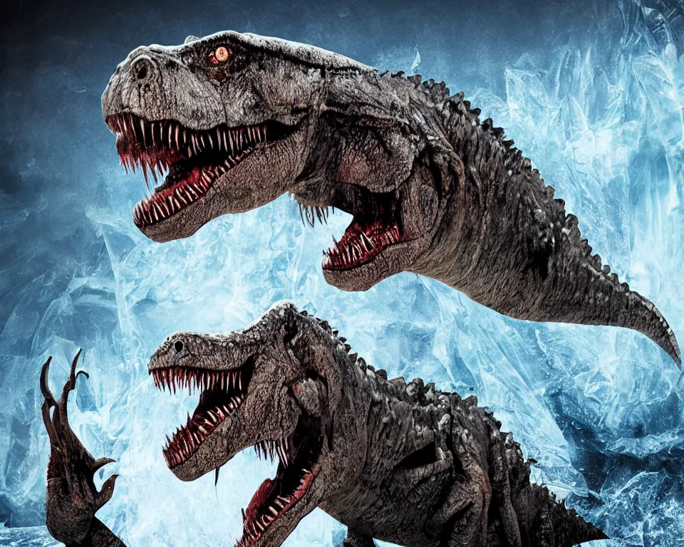 a horror movie poster featuring a t - rex frozen in ice | Stable Diffusion