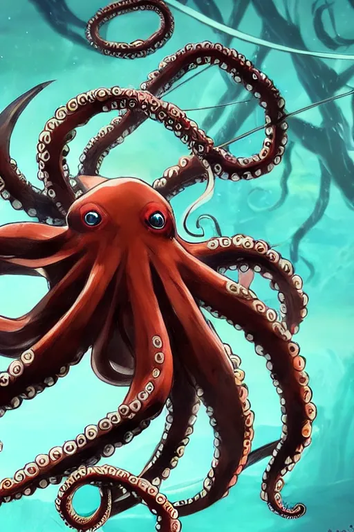 key anime visuals of an octopus ninja, fighting with a | Stable Diffusion