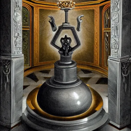 in the center lays an ancient chromed artifact in the | Stable ...