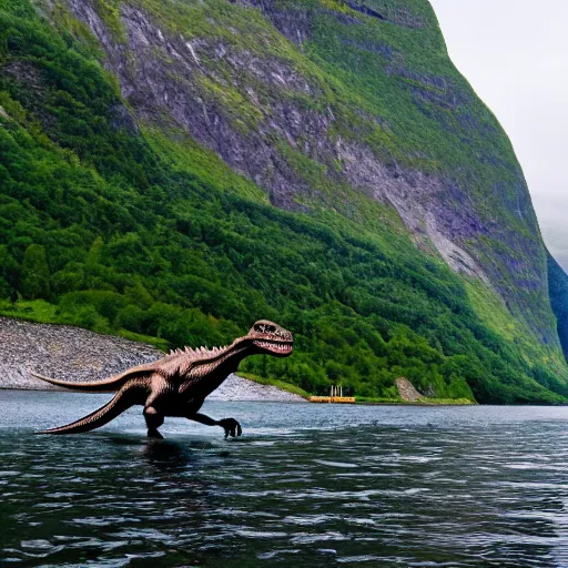 dinosaur running through the fjords of norway | Stable Diffusion | OpenArt