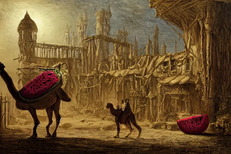 a watermelon riding on a camel in a haunted house, in | Stable ...
