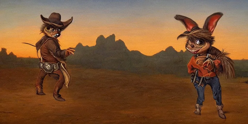 Gizmo the gremlin as a cowboy walking in the wild west | Stable Diffusion