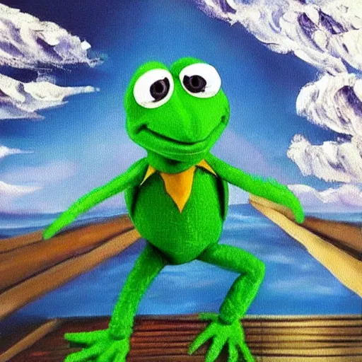 “Bob Ross painting of Kermit the Frog jumping off of a | Stable ...