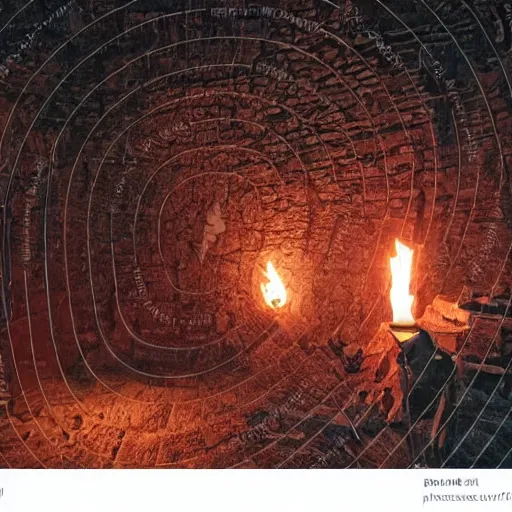 a dark and desolate stone dungeon with red tattered | Stable Diffusion