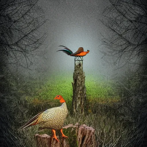 pheasant guard sits on a stump, in deep forest, by | Stable Diffusion | OpenArt