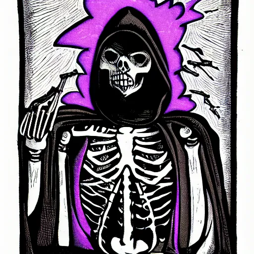 hooded figure with a skeleton face shooting purple | Stable Diffusion ...