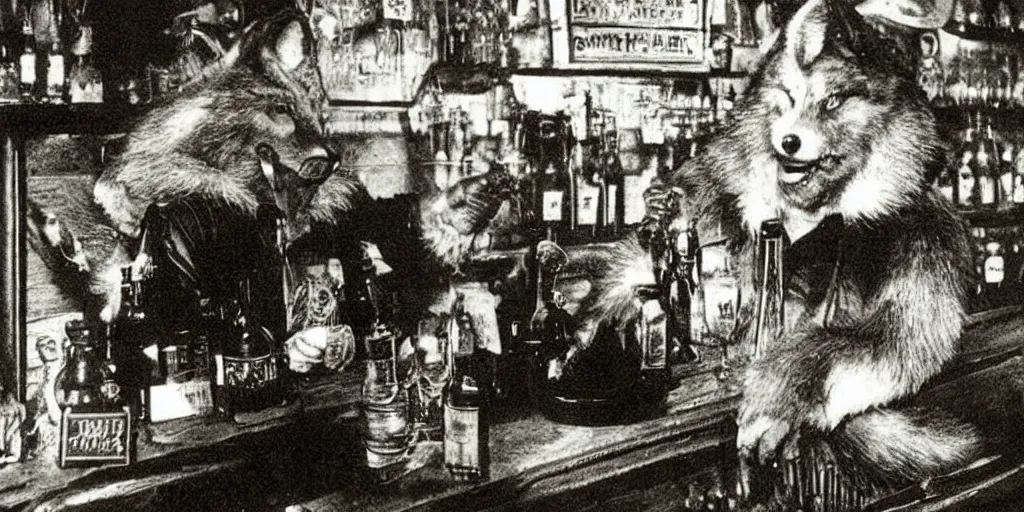 anthropomorphic furry wolf in a bar, 1900s picture | Stable Diffusion ...