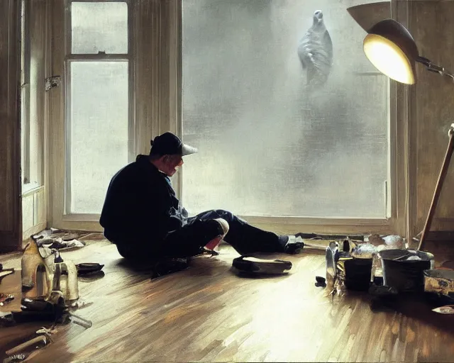 an exhausted painter in his studio painting a picture | Stable ...