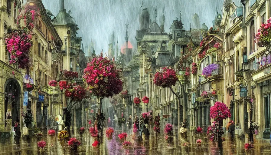 city full of flowers, plant and trees, during heavy | Stable Diffusion ...