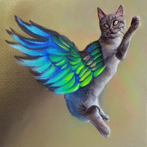 flying cat with iridescent wings, expressive oil | Stable Diffusion ...