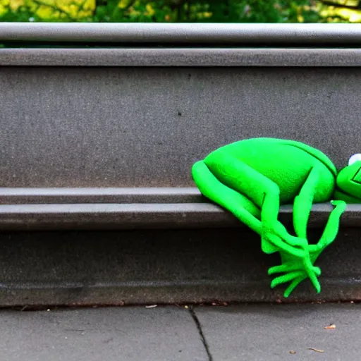 homeless Kermit the frog down on his luck sitting on a | Stable ...