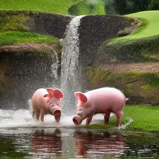 a photograph of two pigs playing golf in the rain | Stable Diffusion ...