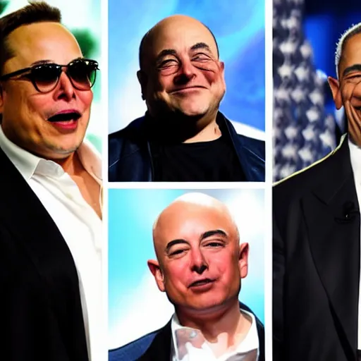 elon musk + obama + jeff bezos + jack black + danny | Stable Diffusion